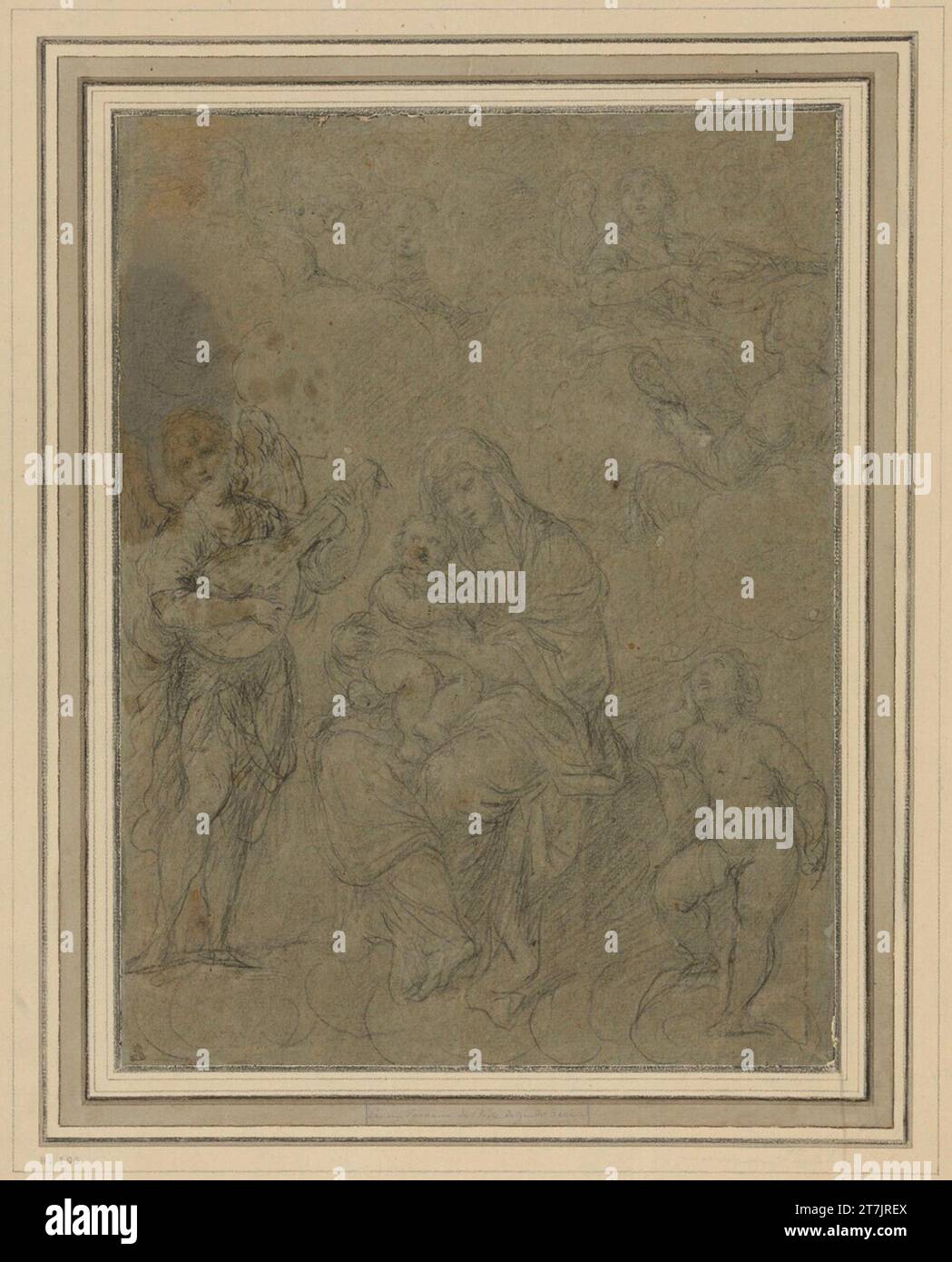 Guido Reni Maria with child, the John's boy and musician angels. Chalk ...