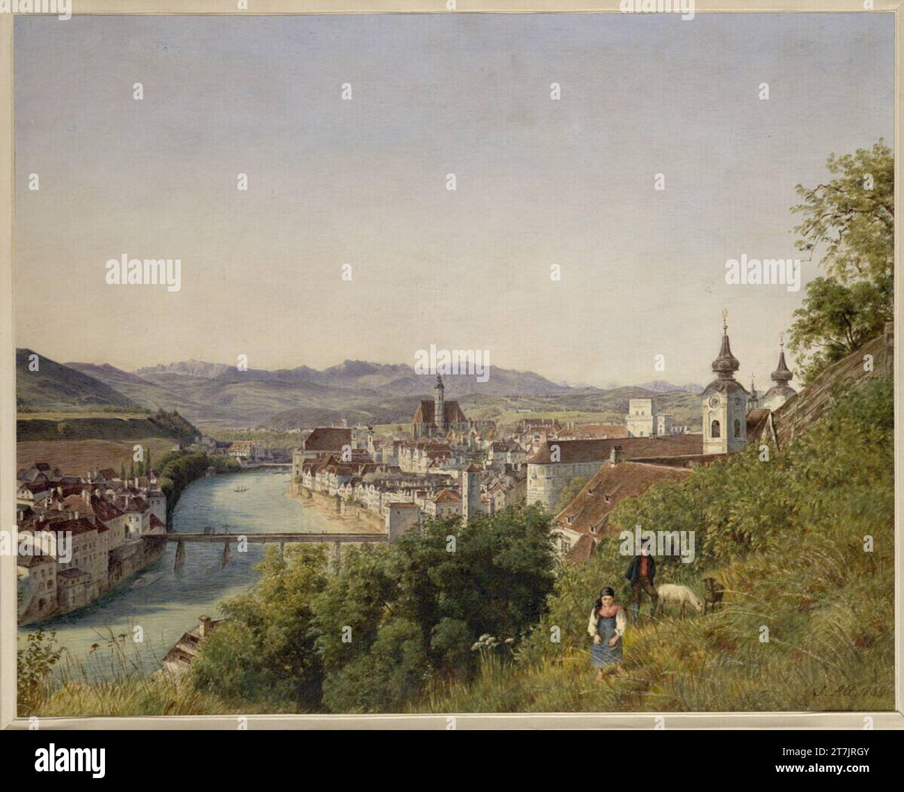 Jakob Alt Steyr in Upper Austria (peep box leaf). Watercolor, gloss ...