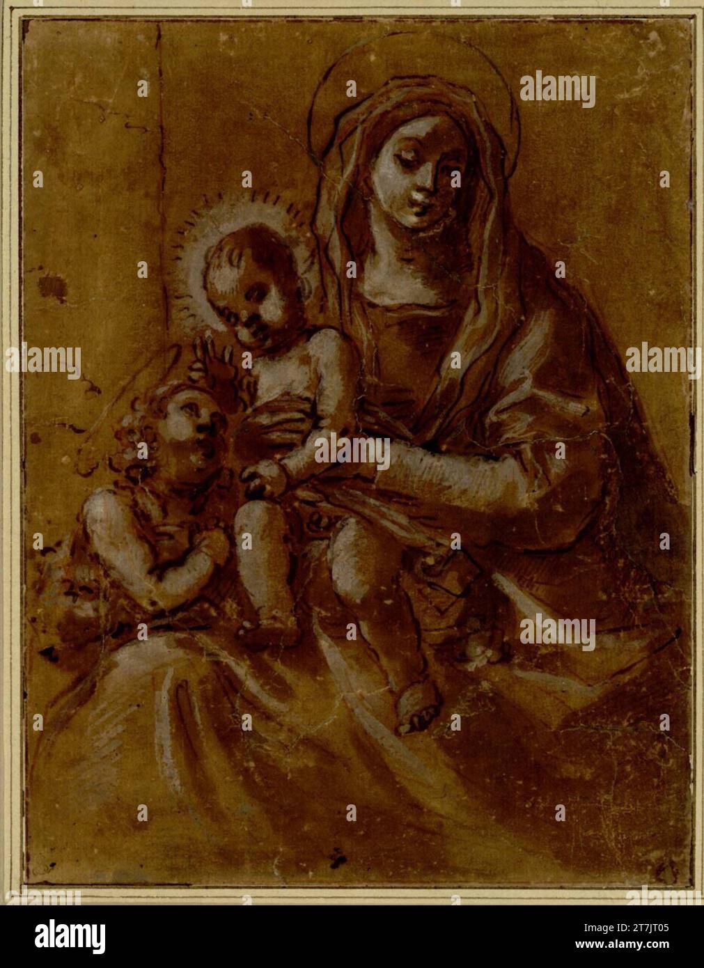 Giacomo Cavedone Madonna with child and the John's boy. Red Chalk ...