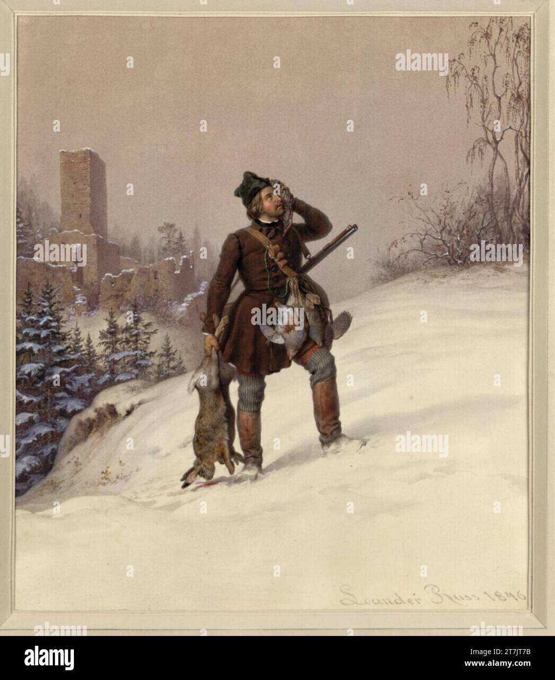 Leander Russ Home from the hunting in winter (peep box leaf ...