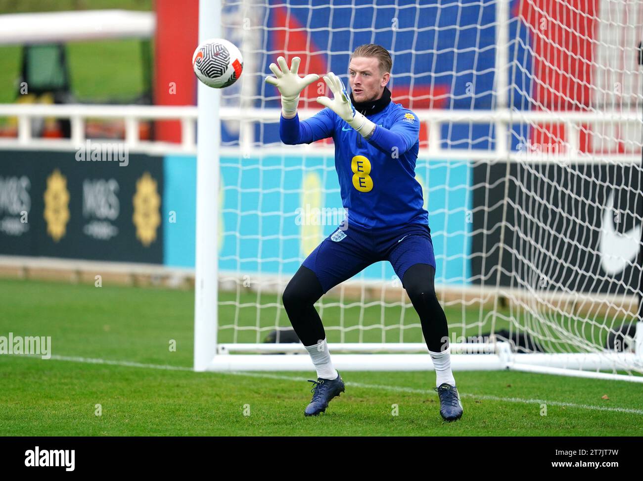 England goalkeeper Jordan Pickford during a training session at St ...