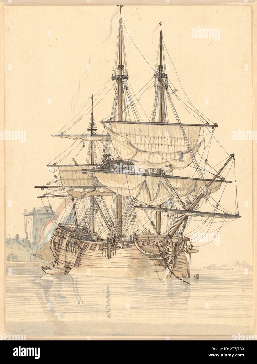 Claude-Joseph Vernet A Dutch merchant ship, in front of anchor. Pen and ...
