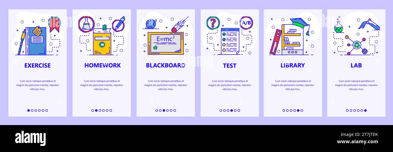 Mobile app onboarding screens. School education, homework, library and ...