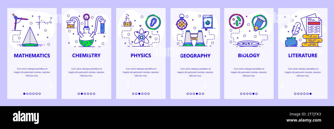 Mobile app onboarding screens. Science and school subjects, chemistry ...