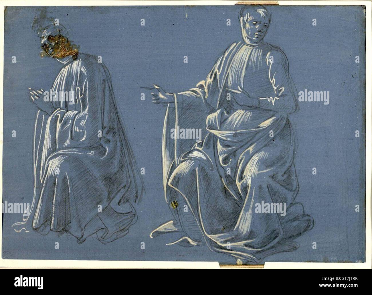 Anonym Two coat figures, a kneeling, sitting one. Metal pen; White ...