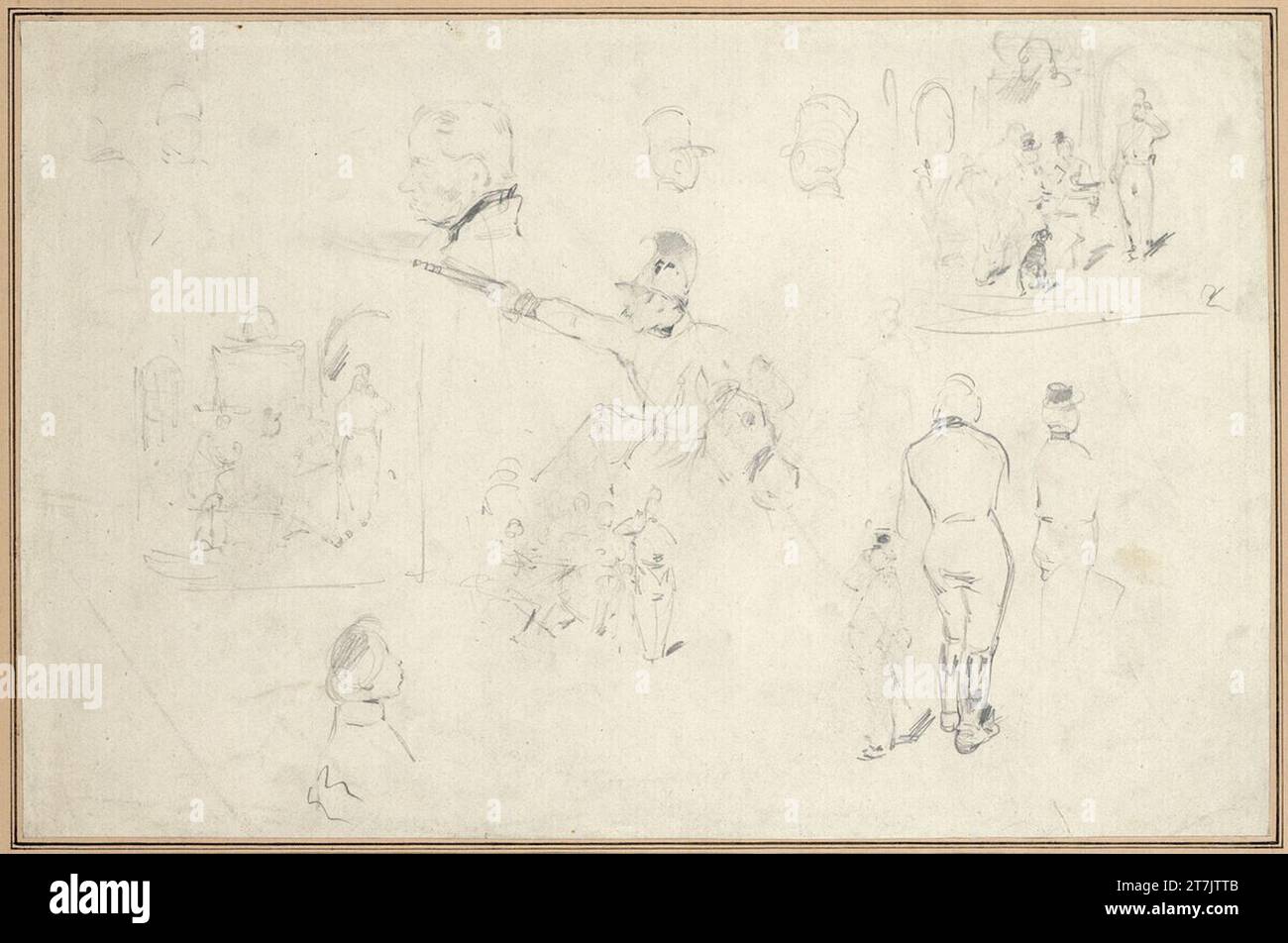 Carl Schindler Skizzenblatt: Several heads, scenes, designed sketchy ...