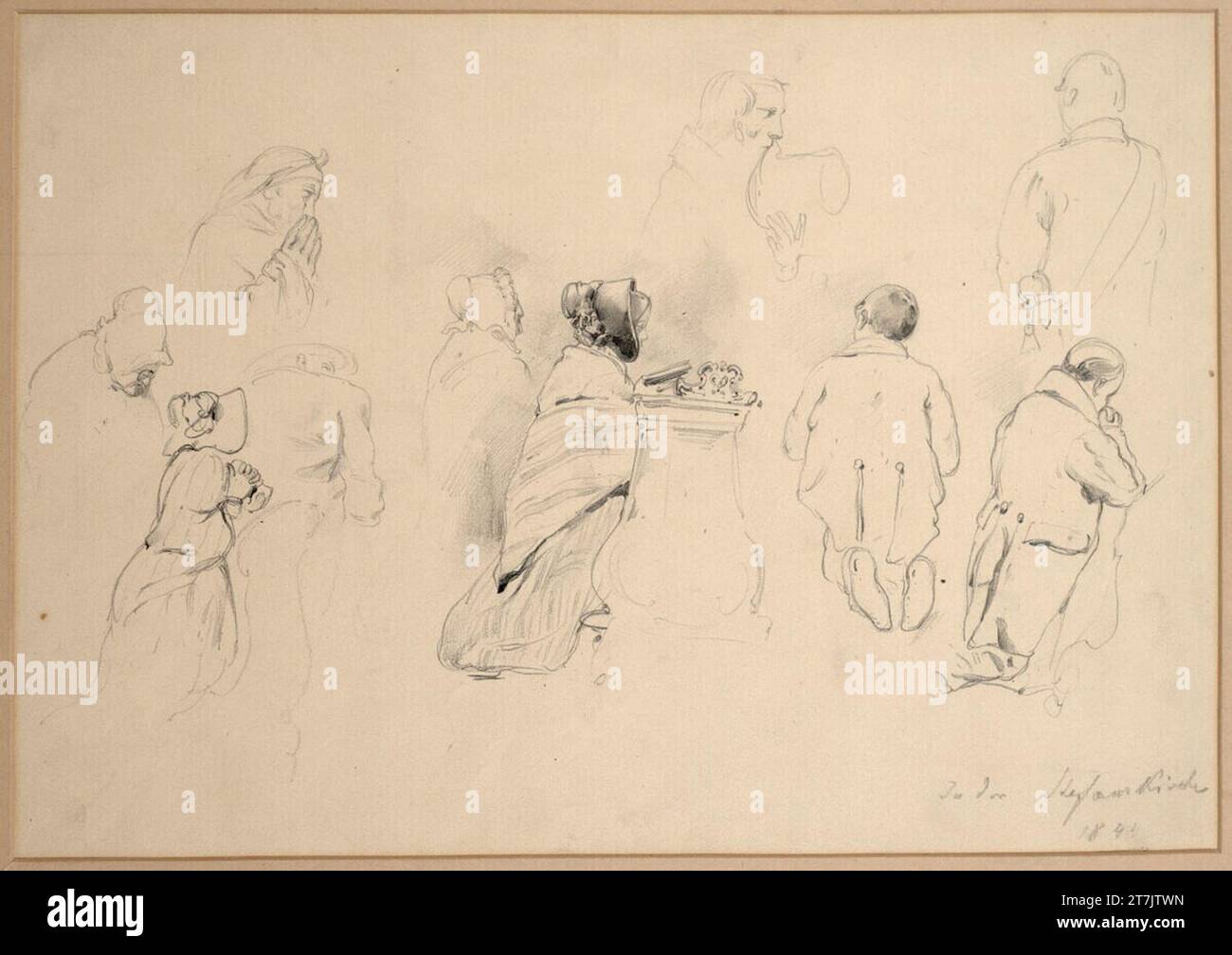 Peter Fendi Skizzenblatt: male and female figures with folded hands; In ...