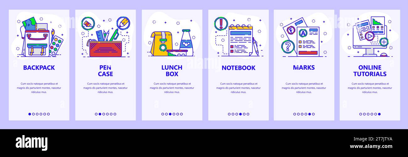 Mobile app onboarding screens. School education, backpack, lunch box ...