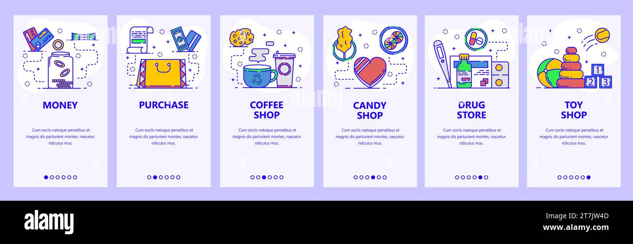 Mobile app onboarding screens. Shopping, retail, coffee shop, candy ...