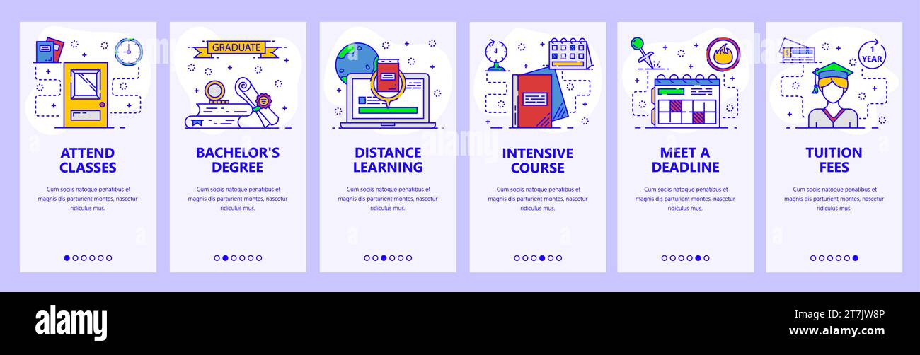 Mobile app onboarding screens. School and college education, distance ...