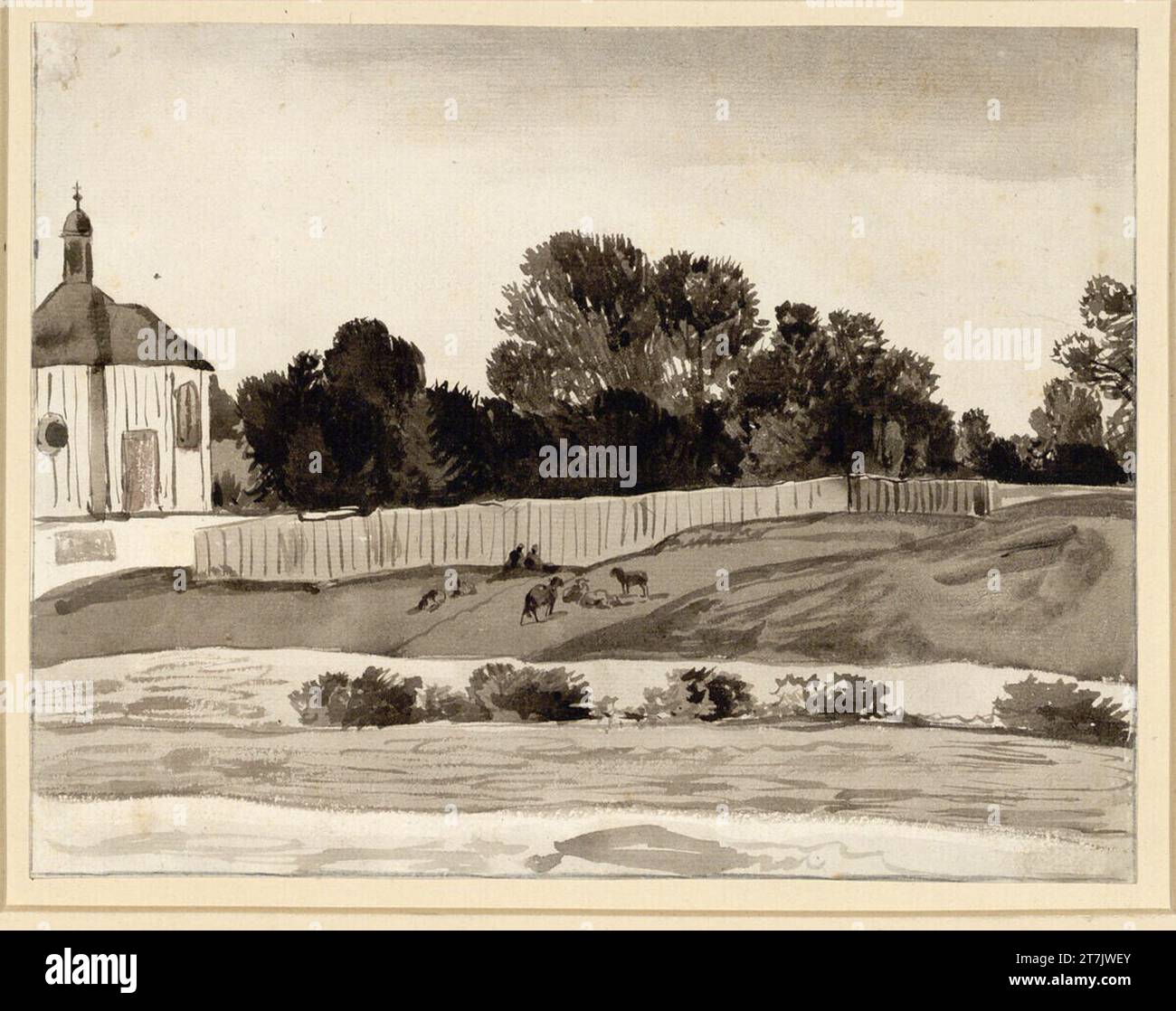 Franz Innocenz Josef Kobell River bank with chapel and parking wall, in ...