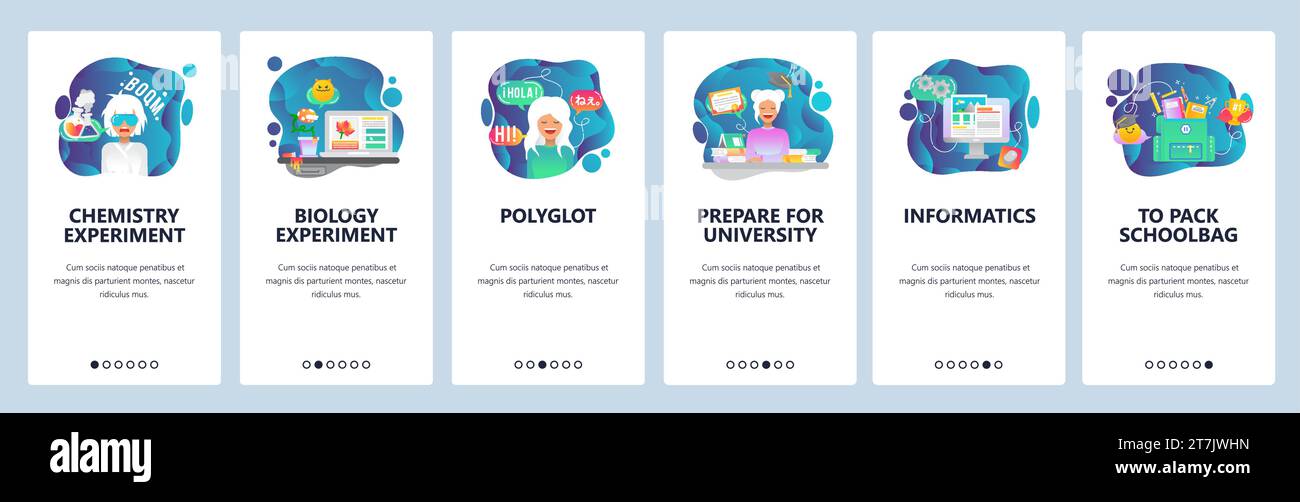Mobile app onboarding screens. School and college education, chemistry lab, biology experiment ...