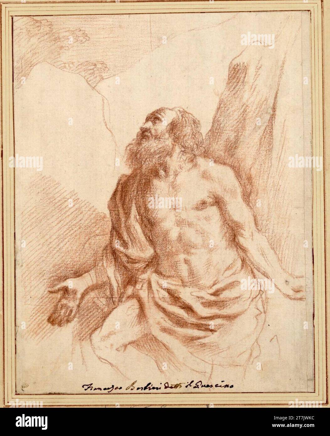 Anonym Hieronymus leans his back on a rock and looks up to the left ...