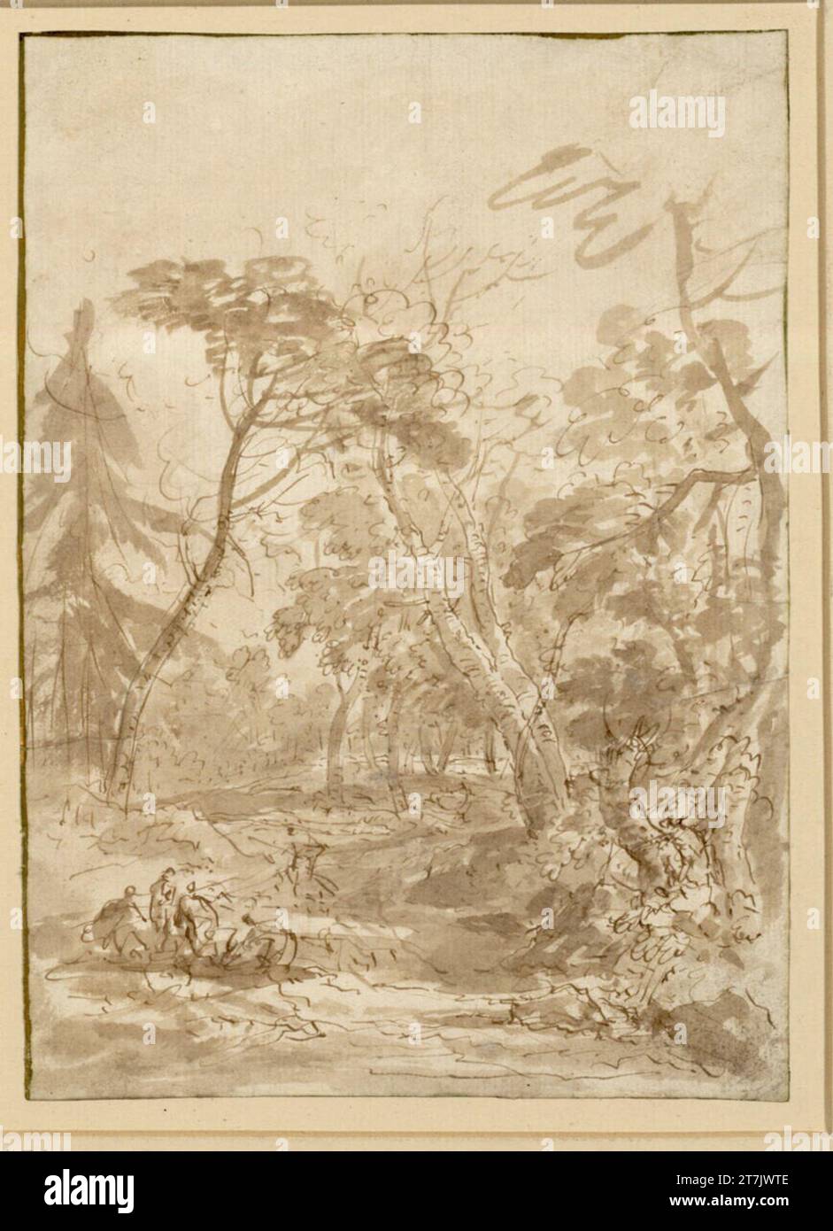 Marco Ricci Forest landscape with figures at picnic. Feder, laved Stock ...