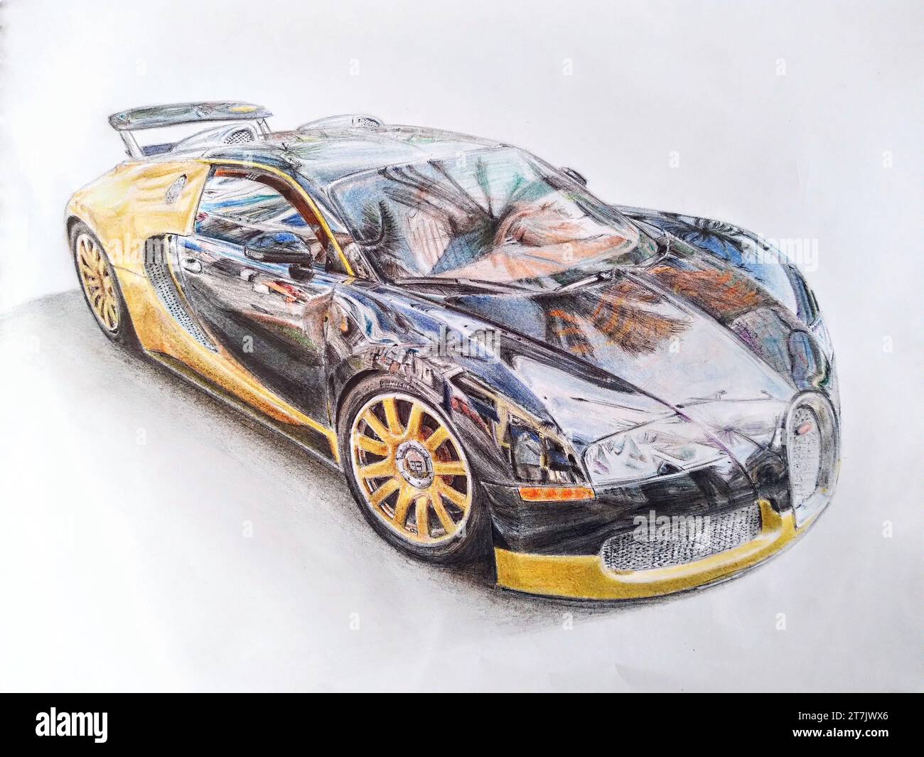 A hand-drawn illustration of a Bugatti Veyron on a white paper ...