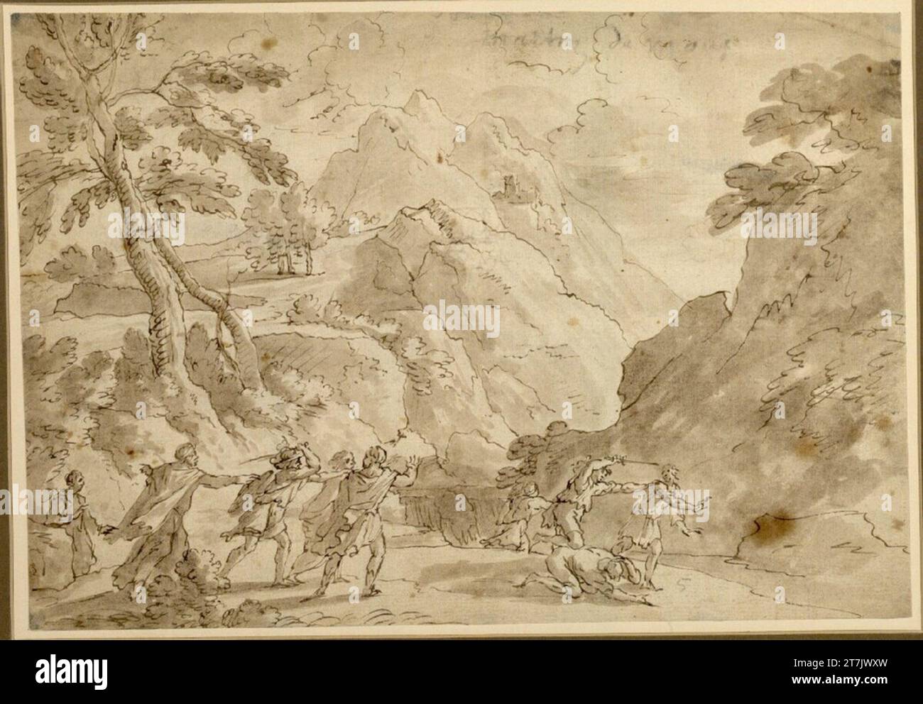 Gaspard Dughet Attack. Feder, brush, gray and brown laved Stock Photo ...