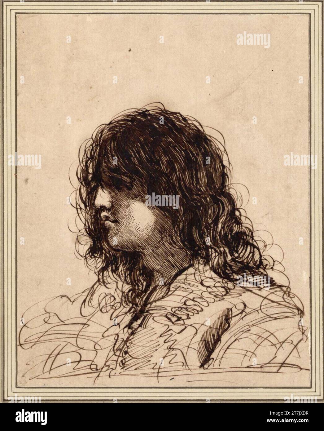 Anonym Half -length portrait of a young man with a long curly hair in ...