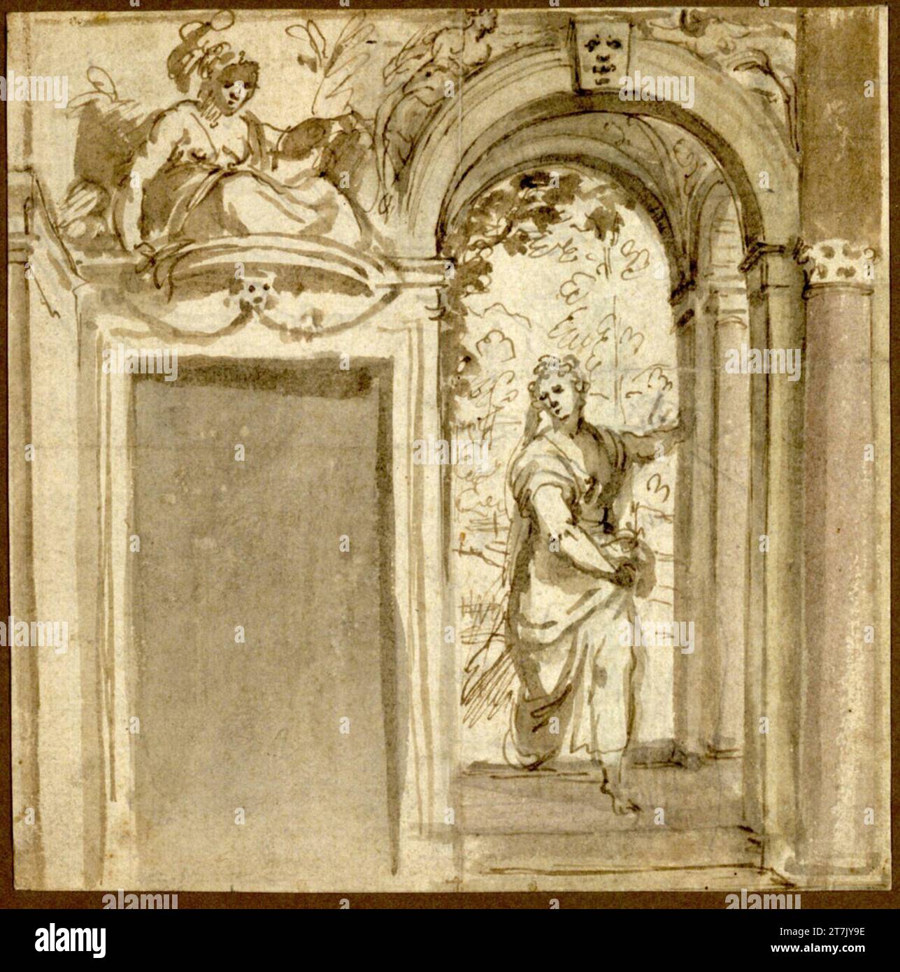 Anonym Female figure in front view, the portico of a palace continues ...