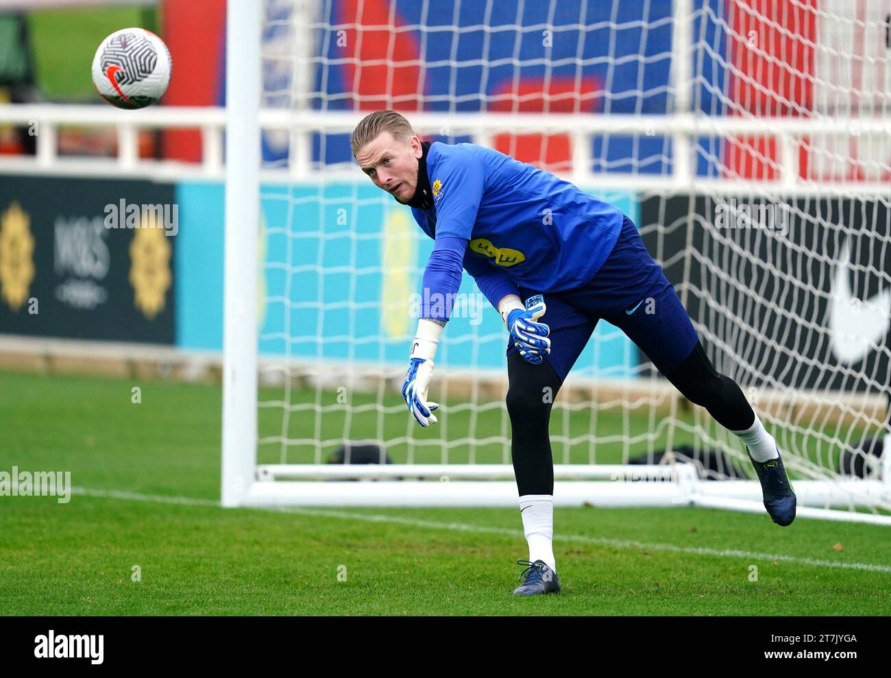 England goalkeeper Jordan Pickford during a training session at St ...