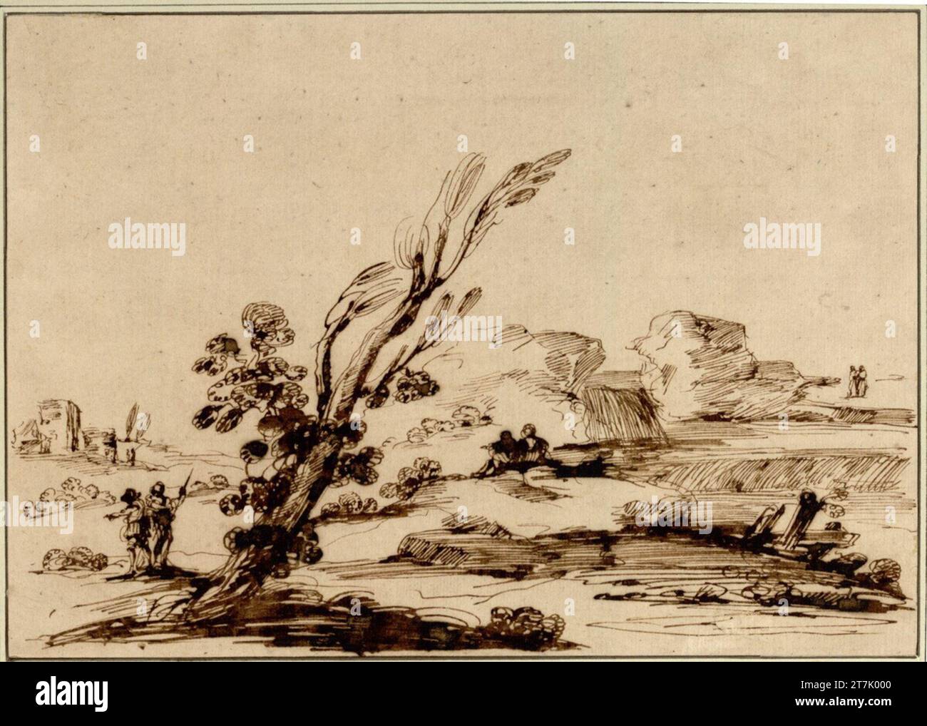 Anonym River landscape with a waterfall between two rocks; On the left ...