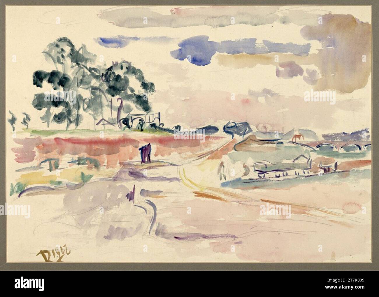 Robert Kohl River landscape with bridge. Watercolor 1922 , 1922 Stock ...