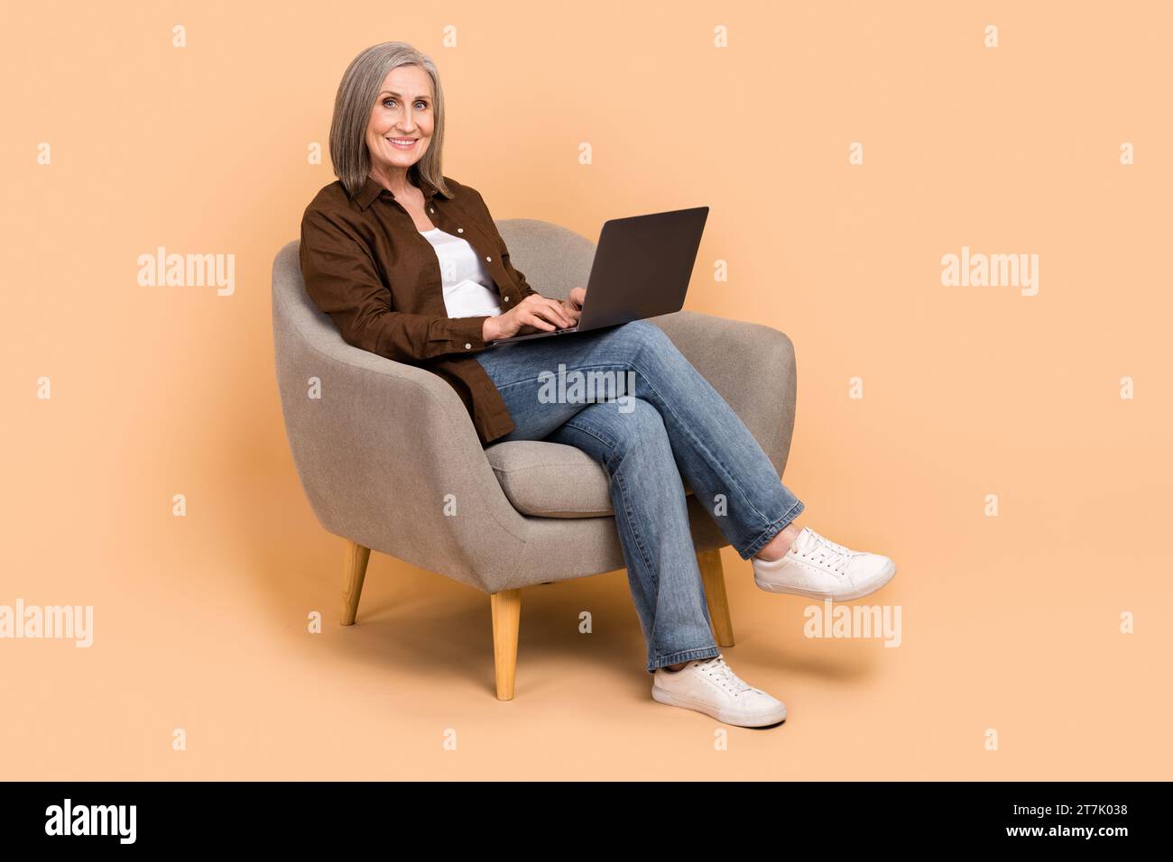 Full body size photo of sit comfort armchair woman grandmother learning ...