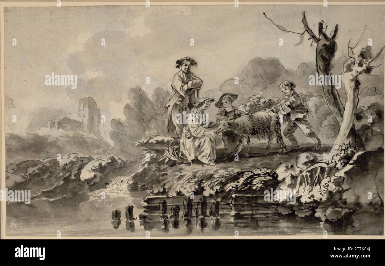 Deodat Roger Peasant family with sheep on the river bank. Feder in gray ...
