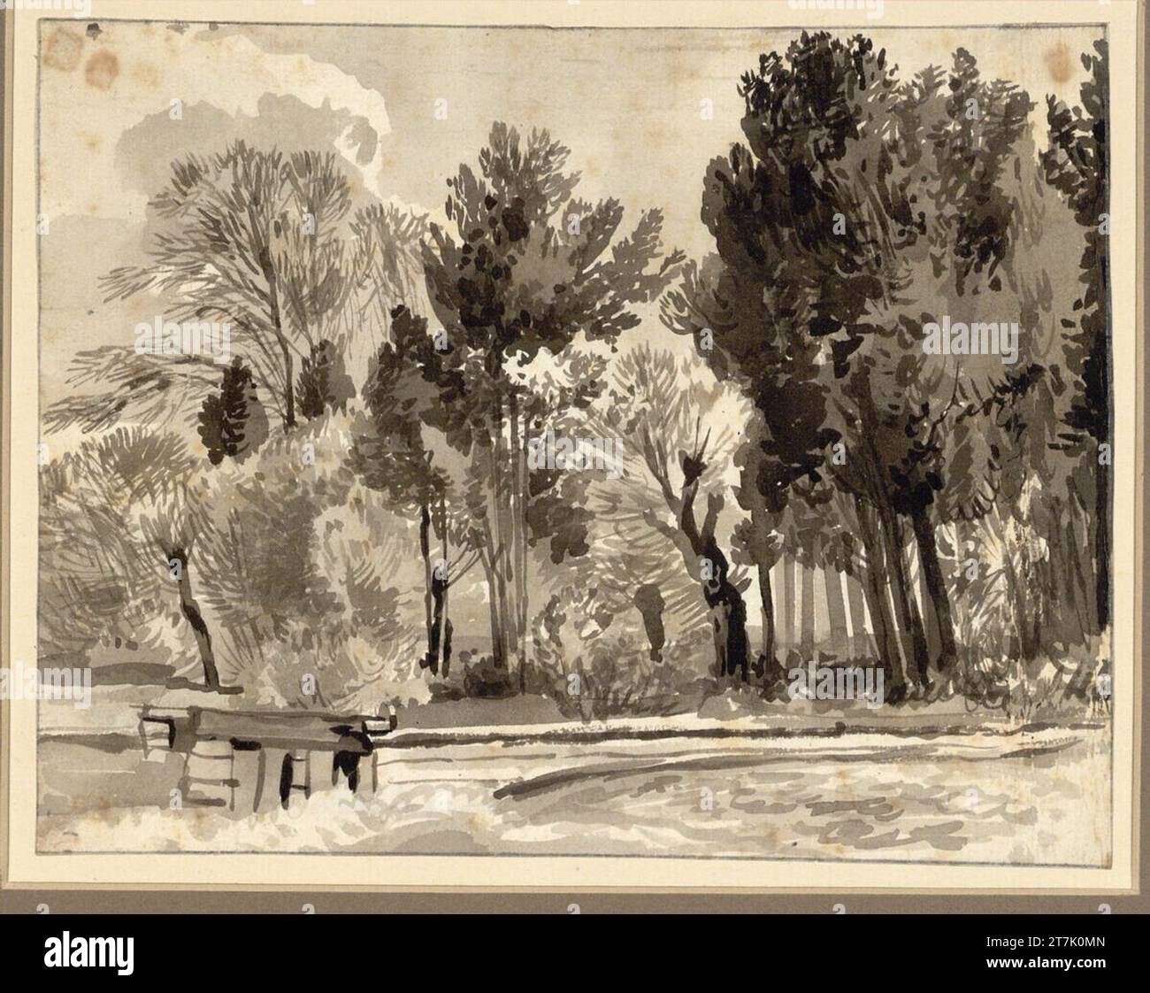 Franz Innocenz Josef Kobell Trees on a water with a weir. Brush in gray ...