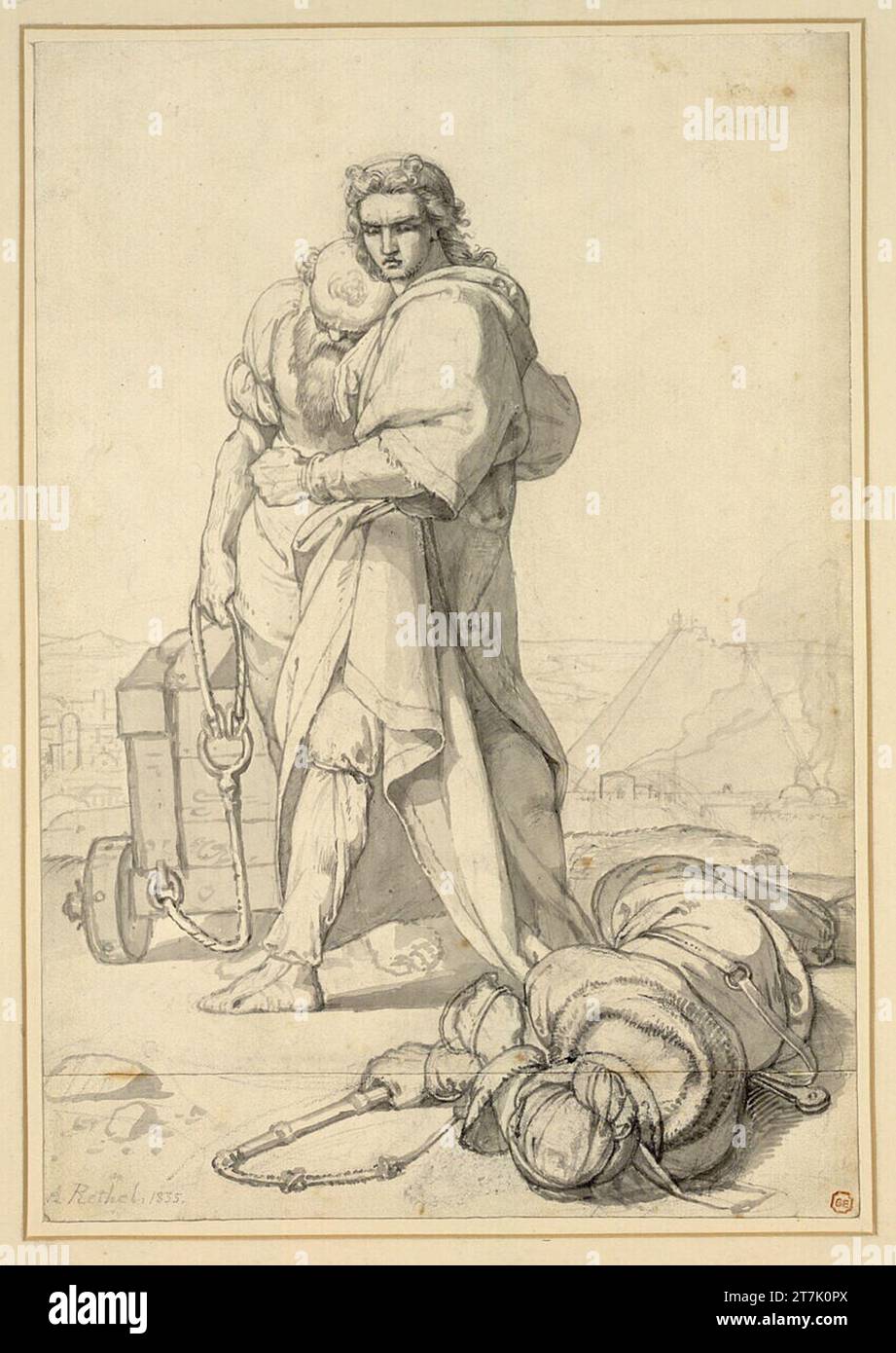 Alfred Rethel Moses beats the Egyptian. Brush in gray, lavated, over ...