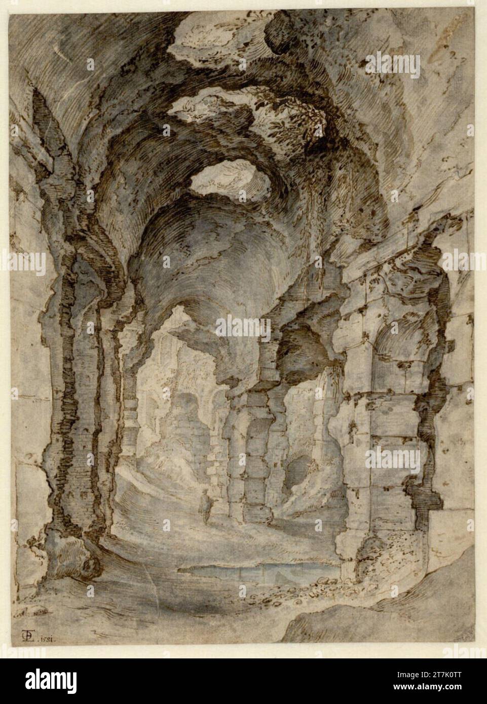 Anonym Interior view of a Roman ruin (Colosseum?). Feder in brown ...