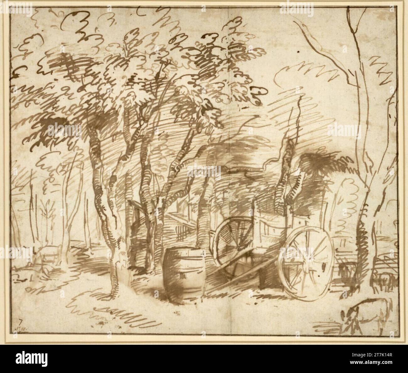 Jan Lievens A group of trees, a barrel and a parked cart. Feder in ...