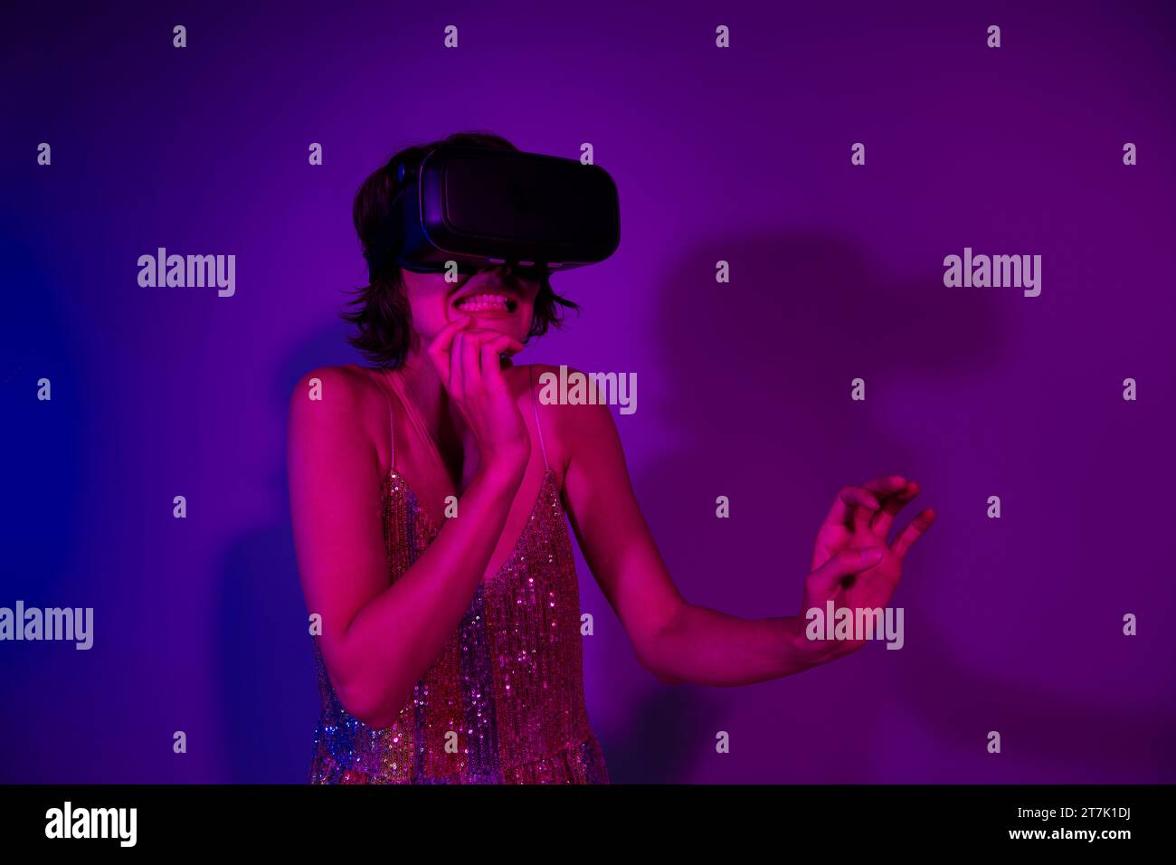 Photo of lady player gamer using vr box see illusion in thriller horror ...