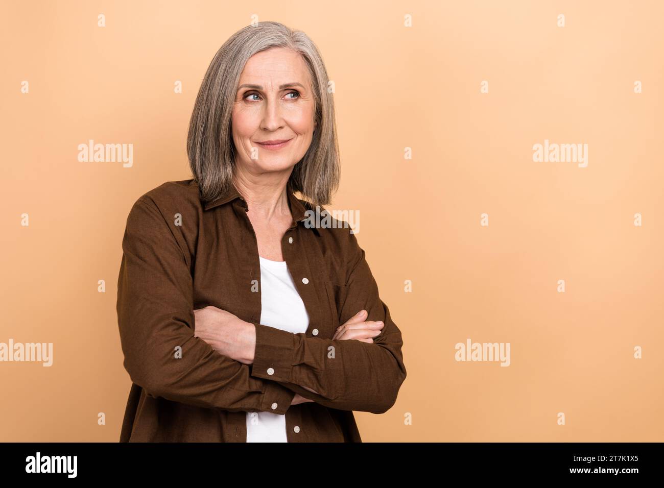 Portrait of cheerful nice person with bob hairstyle wear stylish jacket ...