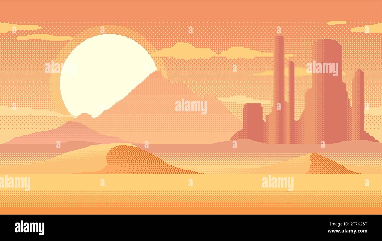 Pixel art desert landscape. 8-bit video game arcade level with sand ...