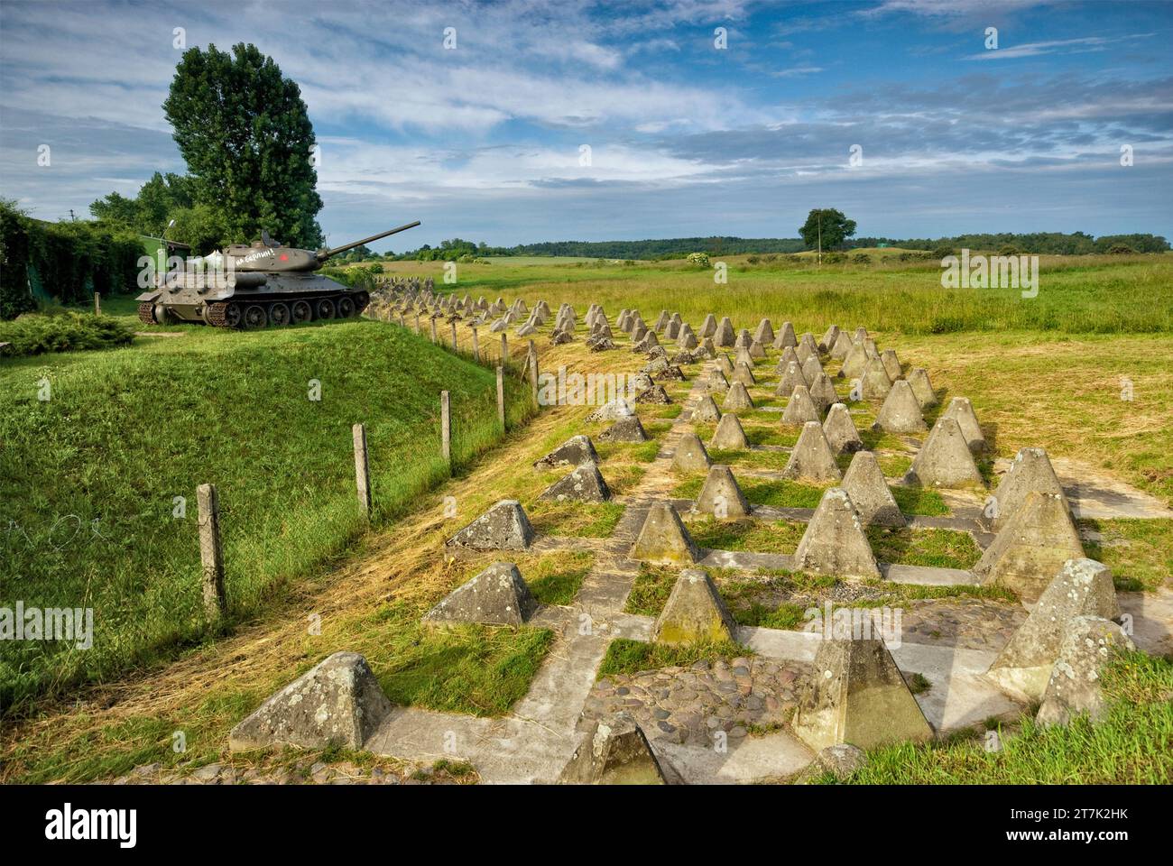 Soviet T-34 tank, dragons teeth anti-tank obstacles at World War Two ...