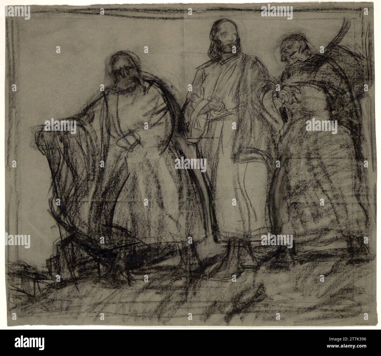 Franz Hofer Christ and two disciples. Coal, partly wiped, on gray paper ...