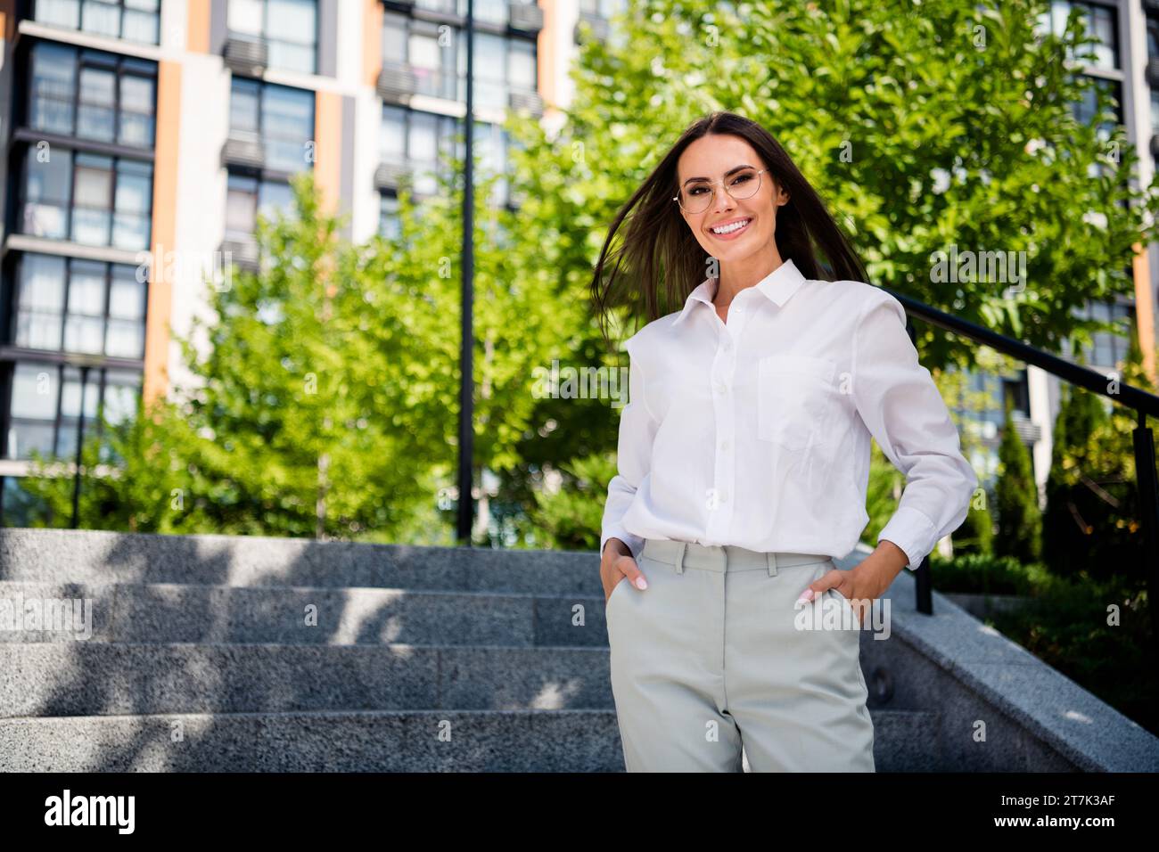 Photo of cheerful stunning shiny lady wear trendy white shirt buy ...