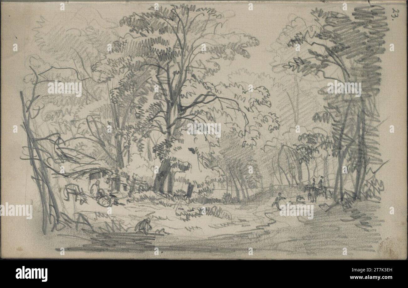 Joseph Holzer Forest landscape revitalized by figures. Pencil around ...