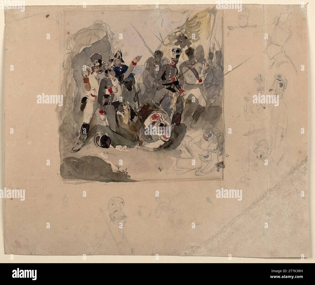 Carl Schindler Wounded officer is supported by soldiers. Pencil ...