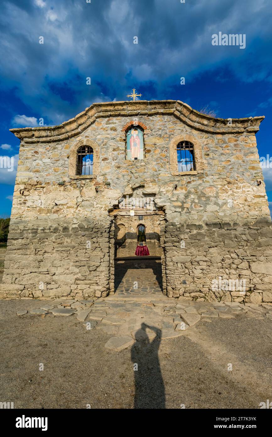 Sunken church at dam Zhrebchevo, Bulgaria. Lower water level allows ...
