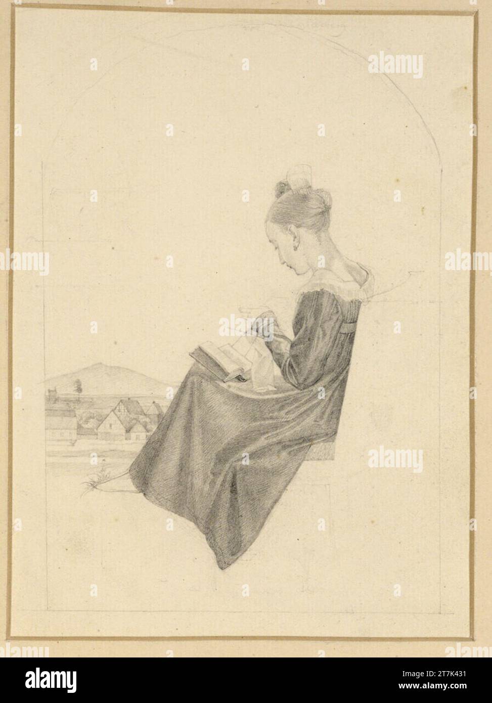 Julius Hübner Of the artist sister Albertine with manual work, reading ...