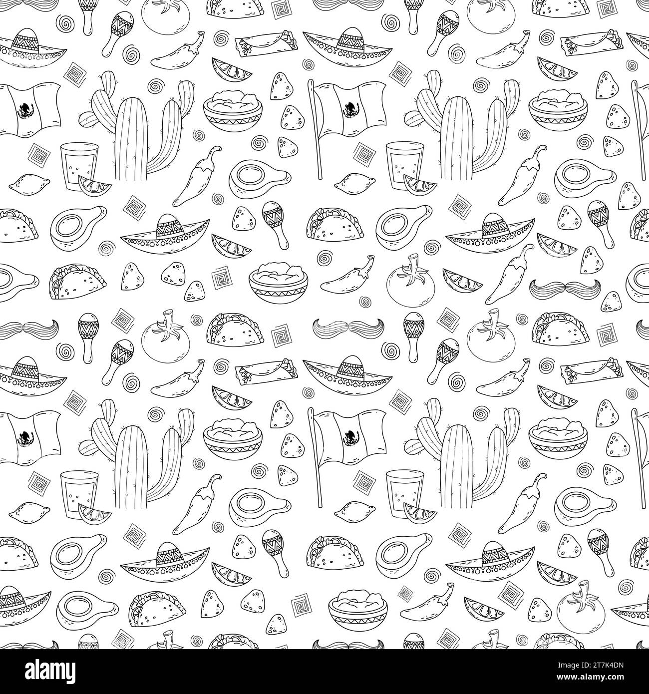 Mexican seamless pattern in hand drawn linear doodle style. Vector ...