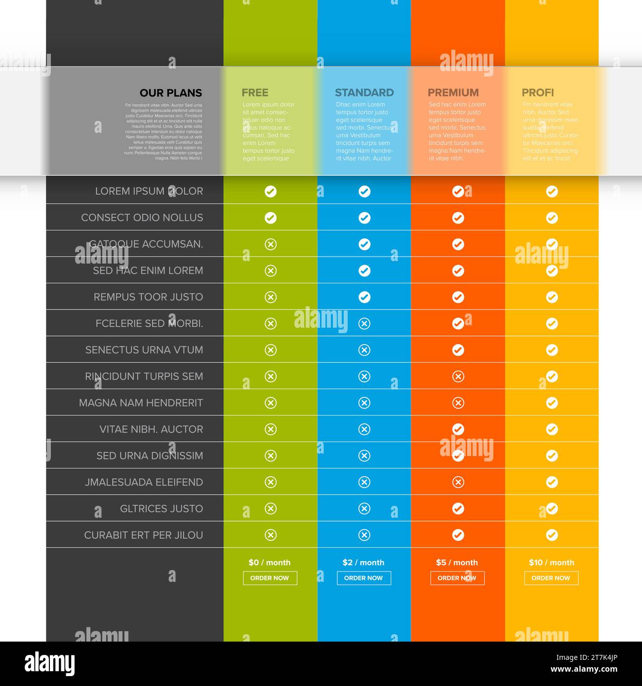 Products service feature compare list table template with various options, description, features ...