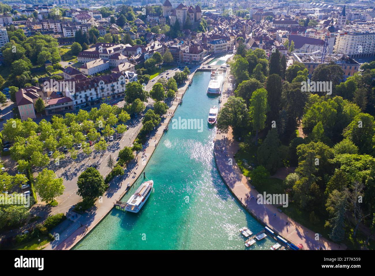 Aerial view of Annecy lake waterfront low tide level due to the drought ...