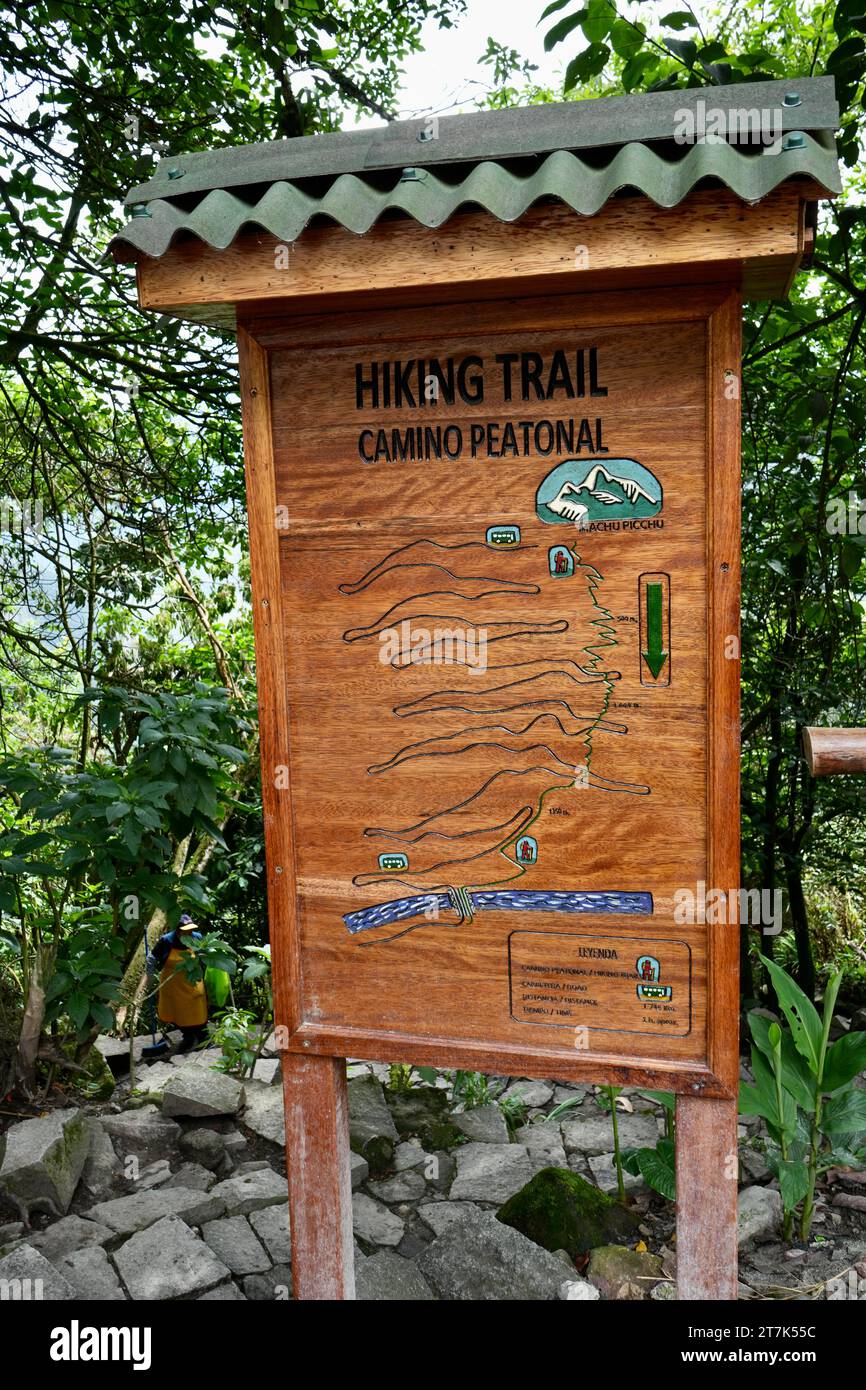 Machu Picchu, Peru, October 6, 2023. Wooden map of The Hiking Trail ...