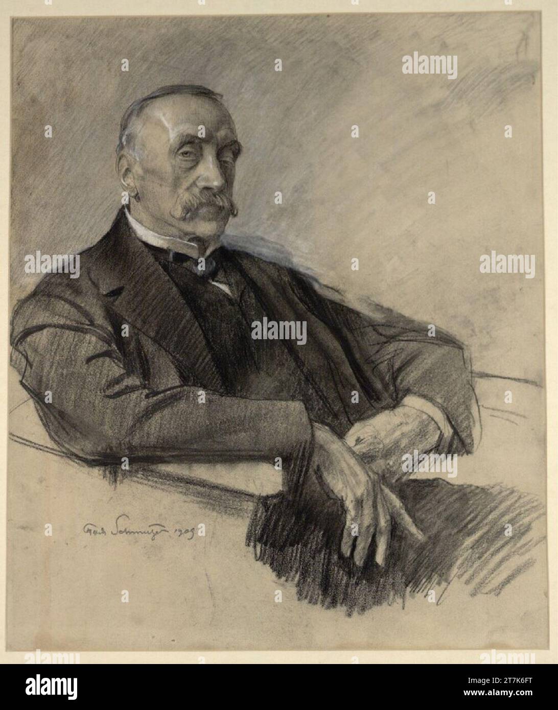 Ferdinand Schmutzer Portrait Lobmeyer. Black chalk, white chalk raised ...
