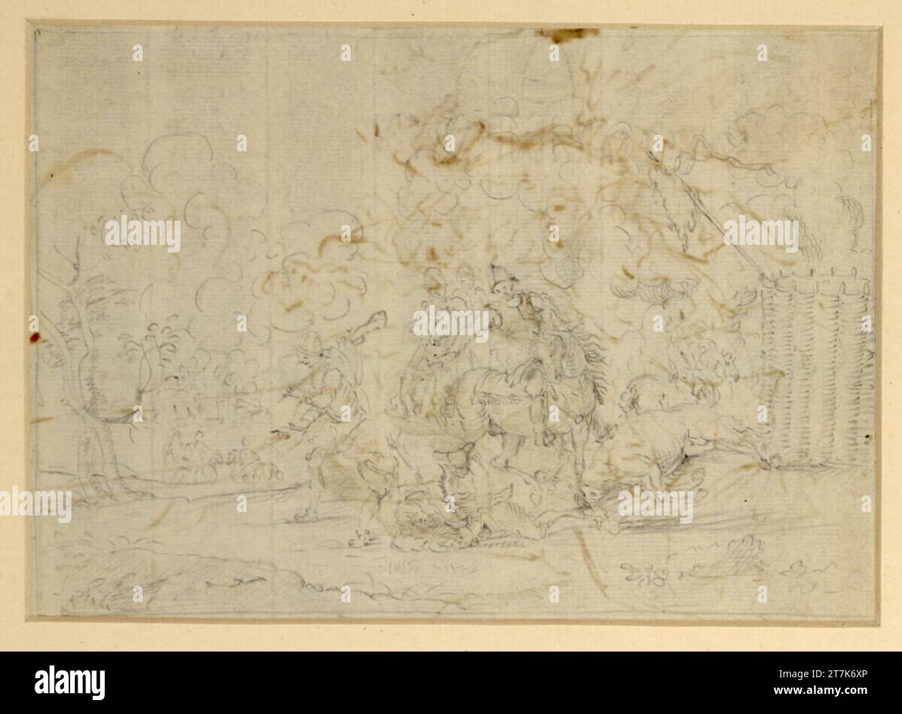 Christian Wilhelm Ernst Dietrich After the battle. Lead handle, spring in light brown, laved ...