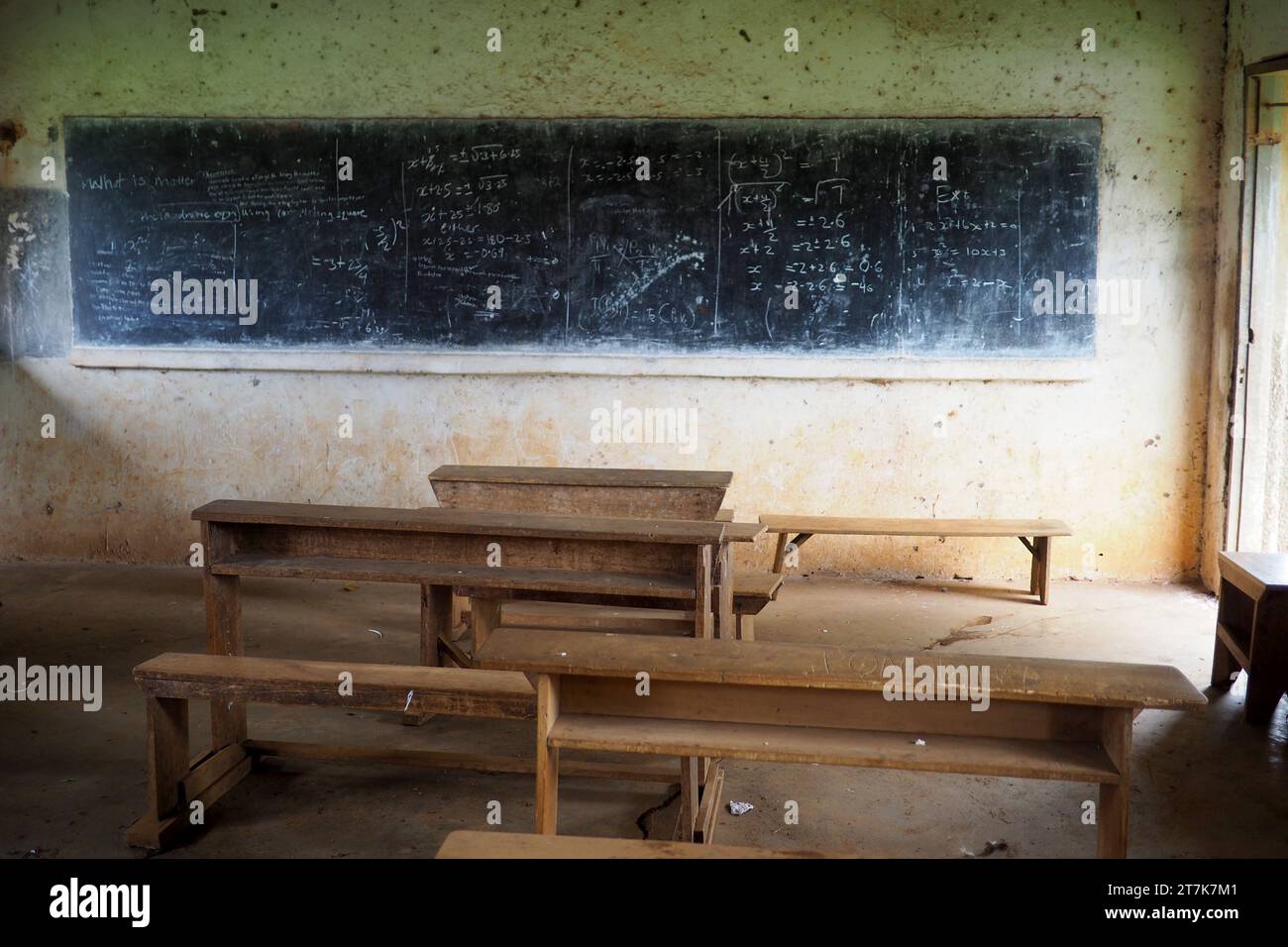 Empty classroom in poor rural school with blackboard and benches Stock ...