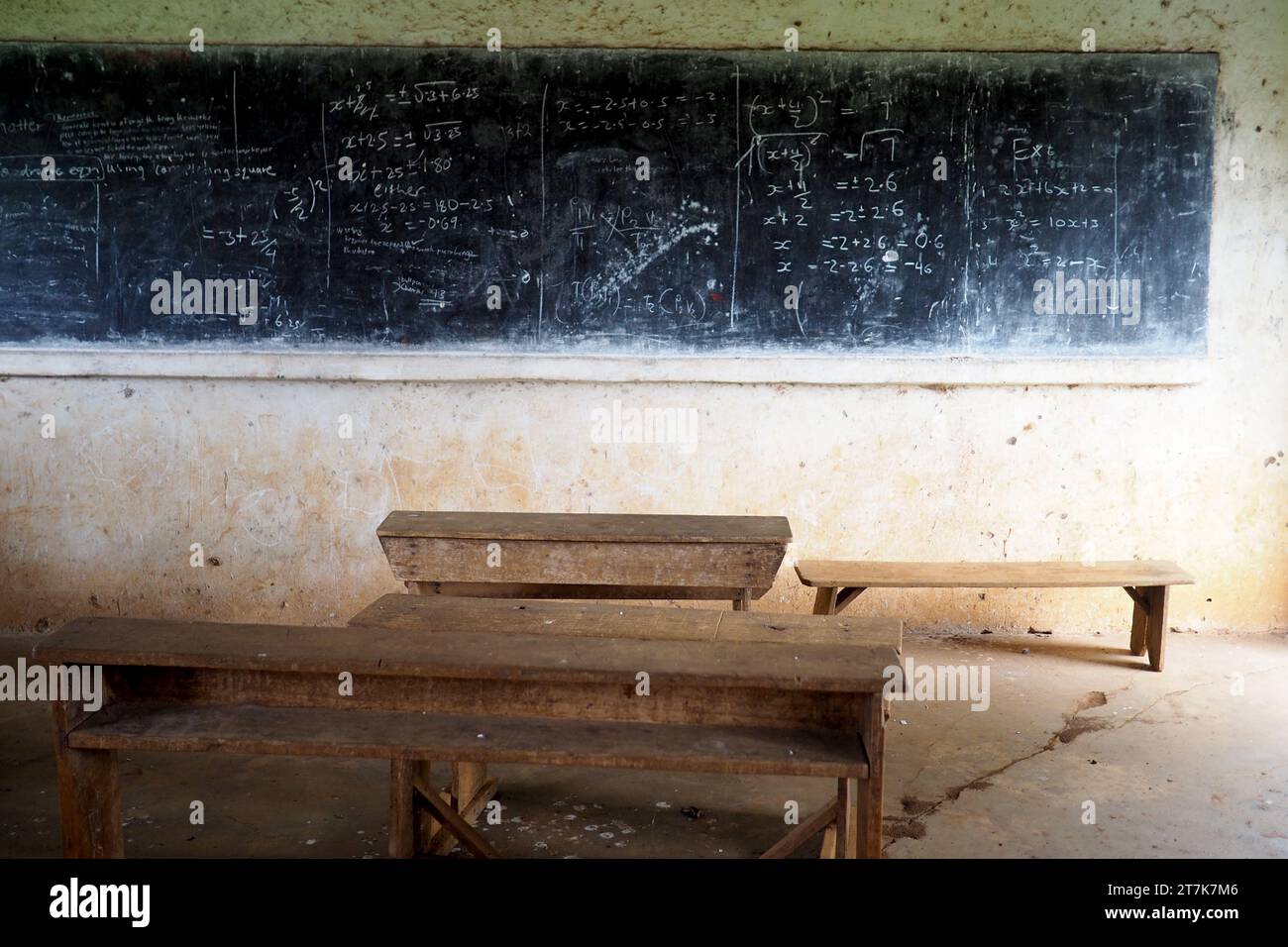 Empty classroom in poor rural school with blackboard and benches Stock ...