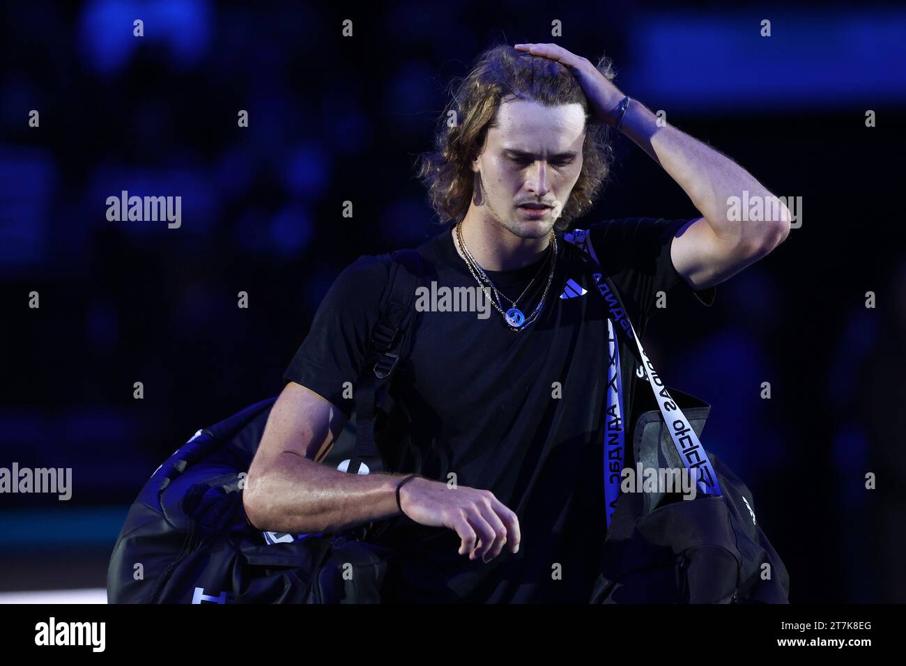 Torino, Italy. 15th Nov, 2023. Alexander Zverev of Germany looks dejected at the end of the ...